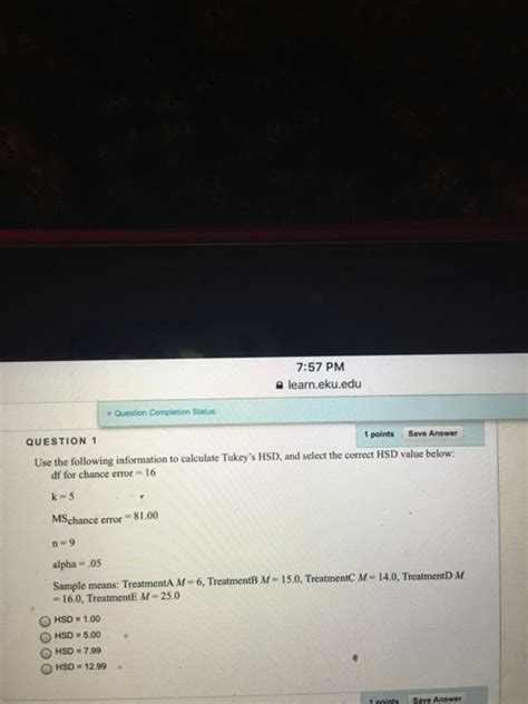 Solved Use The Following Information To Calculate Tukey S Chegg