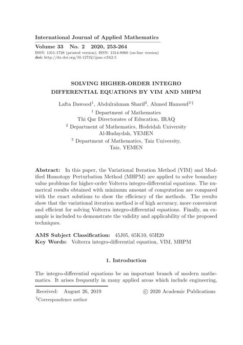 Pdf Solving Higher Order Integro Differential Equations By Vim And Mhpm