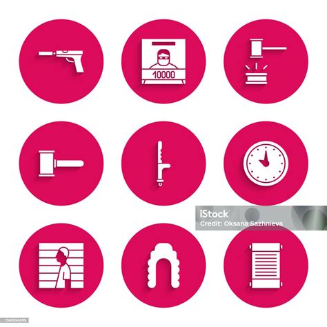 경찰 고무 지휘봉 판사 가발 법령 종이 양피지 스크롤 시계 용의자 범죄자 망치 권총 또는 총을 소음기 아이콘으로 설정합니다 벡터 경매에 대한 스톡 벡터 아트 및 기타 이미지