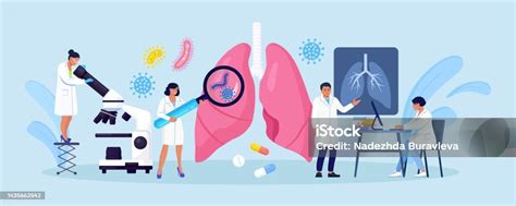 폐학 개념 의사의 그룹은 코로나 바이러스에 의해 영향을받는 폐를 확인합니다 의사 시험 호흡기 시스템 폐 질환 치료 섬유증 결핵 폐렴 암 폐에 대한 스톡 벡터 아트 및 기타