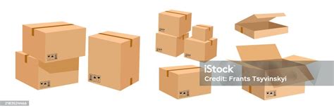 만화 스타일의 열린 및 닫힌 판지 상자 세트 음식과 소포의 운송 및 저장을위한 아름 다운 골판지 상자의 벡터 그림 흰색 배경에