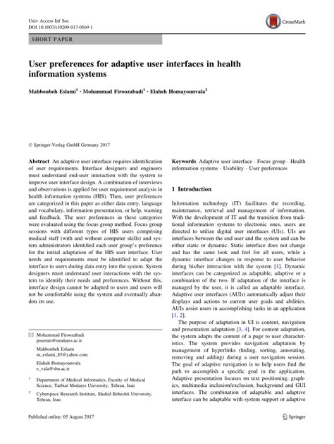 Pdf User Preferences For Adaptive User Interfaces In Health Information Systems