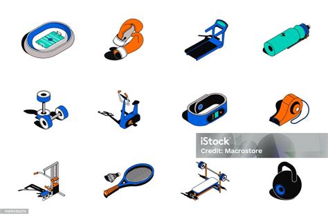 스포츠 3d 아이소메트릭 아이콘 세트 경기장 권투 장갑 디딜 방아 생수 덤벨 운동 기계 체육관 장비 및 기타의 포장 요소 현대 아이소메트리 디자인의 벡터 일러스트 레이 션