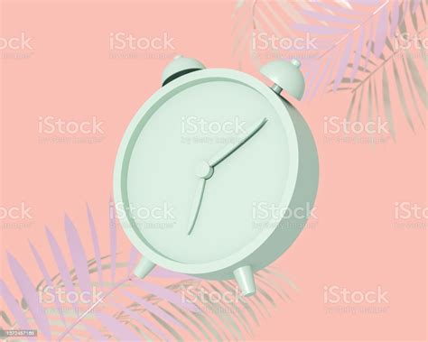 야자수 가지가 있는 분홍색 배경에 알람 시계가 공중에 떠 있습니다 시간의 추상적 인 개념 파스텔 색상으로 아침 각성 3d 렌더링 0명에 대한 스톡 사진 및 기타 이미지