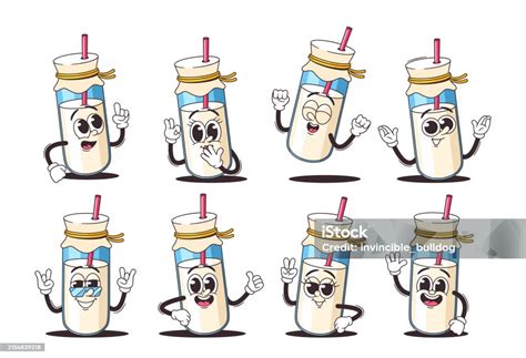 만화 우유 또는 요구르트 병 캐릭터 세트 다양한 표정과 제스처 감정 표시 0명에 대한 스톡 벡터 아트 및 기타 이미지 0명 감정 개체 그룹 Istock
