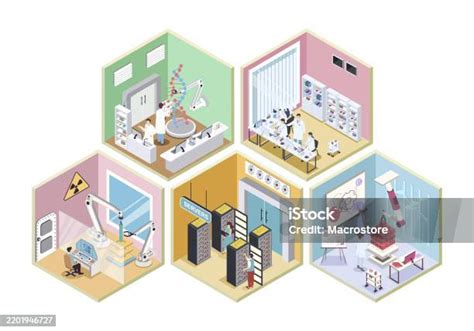 실험실 3d 아이소 메트릭 방 아이소메트리 그래픽 디자인 웹 유전학 제약 및 물리학 부서에서 데이터 센터 서버를 사용하여 연구를 수행하는 사람들 벡터 일러스트 레이 션 3