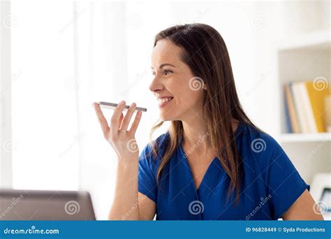 Woman Using Voice Recorder On Smartphone At Office Stock Image Image Of Beautiful Occupation