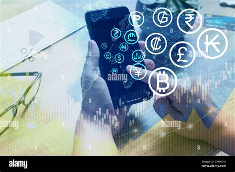 Money Exchange Double Exposure With Chart Different Currency Symbols And Photo Of Man Using