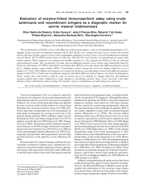 Pdf Evaluation Of Enzyme Linked Immunosorbent Assay Using Crude Leishmania And Recombinant