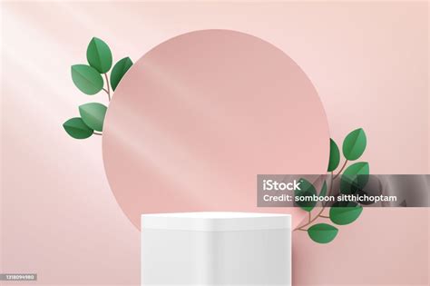 현대 화이트 라운드 코너 큐브 받침대 연단 녹색 잎 장식 핑크 파스텔 원 배경 벡터 렌더링 3d 셰이프 제품 표시 프레젠테이션 최소한의 벽 장면 추상 스튜디오 룸 강단에