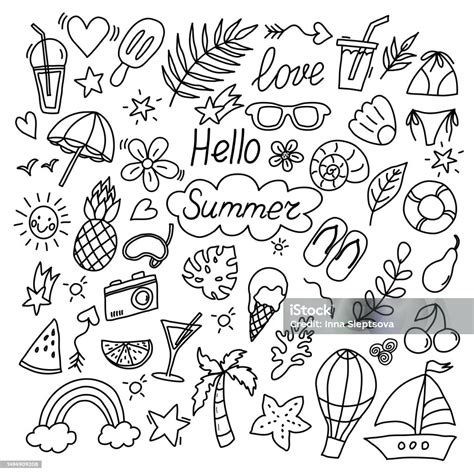 여름 낙서 아이콘 세트입니다 손으로 그린 선 아이콘 모음입니다 여름 해변 용품 세트 건설 산업에 대한 스톡 벡터 아트 및 기타 이미지 건설 산업 과일 껍데기 Istock
