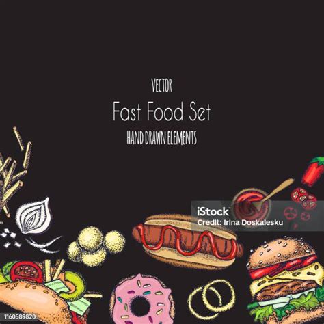 손으로 그린 패스트 푸드 세트입니다 피자 햄버거 타코 햄버거 도넛 핫도그 감자 튀김 표지판에 대한 스톡 벡터 아트 및 기타 이미지 Istock