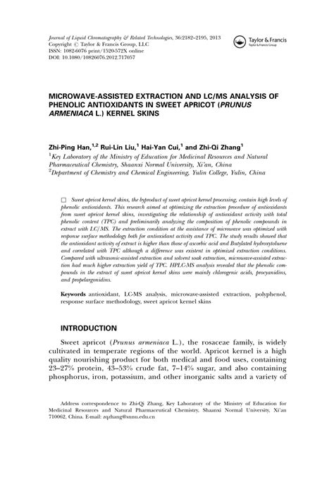 Pdf Microwave Assisted Extraction And Lcms Analysis Of Phenolic Antioxidants In Sweet Apricot