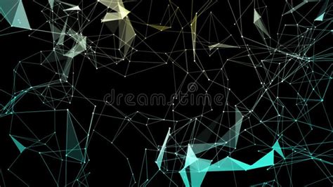 plexus of abstract blue and violet geometrical lines with moving triangles and dots on a black