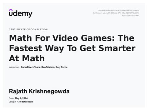 Completed Math For Video Games Course On Udemy Rajath Krishnegowda