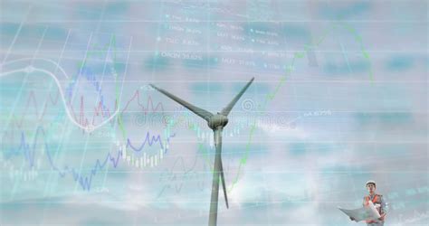 Engineer Analyzing Wind Turbine Data With Charts Overlaying Sky Background Stock Image Image
