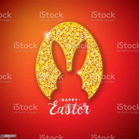행복 한 부활절 휴일 디자인 빨간색 배경에 글 리터와 타이포 그래피 레터링에 토끼 실루엣 인사말 카드 파티 초대장 또는 프로 모션 배너에 대 한 국제 축 하의 벡터 일러스트