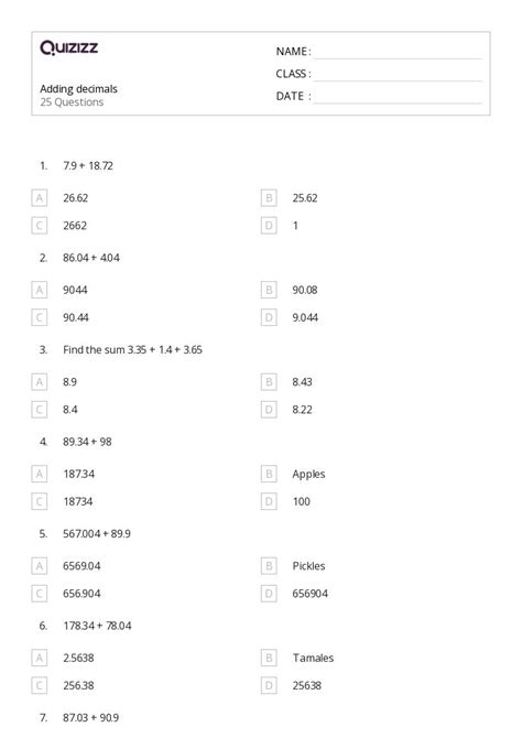 50 Adding Decimals Worksheets For 3rd Grade On Quizizz Free And Printable