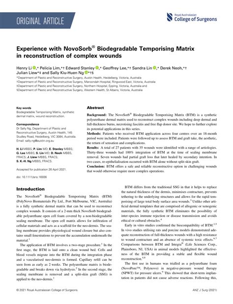 Pdf Experience With Novosorb ® Biodegradable Temporising Matrix In Reconstruction Of Complex