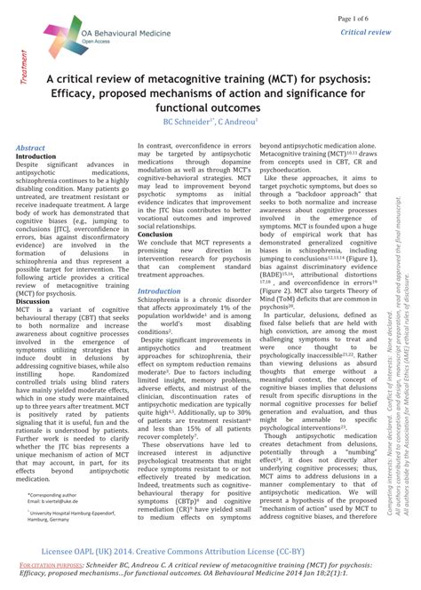 Pdf A Critical Review Of Metacognitive Training Mct For Psychosis Efficacy Proposed