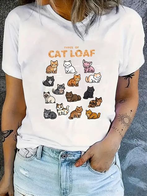 Cotton Short Sleeve Womens Fashion Cartoon Cat Loaf T Shirt Round