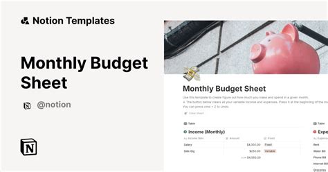 Monthly Budget Sheet Template By Notion Notion Marketplace