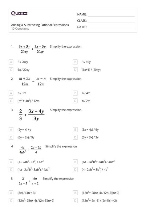 50 Rational Expressions Worksheets On Quizizz Free And Printable