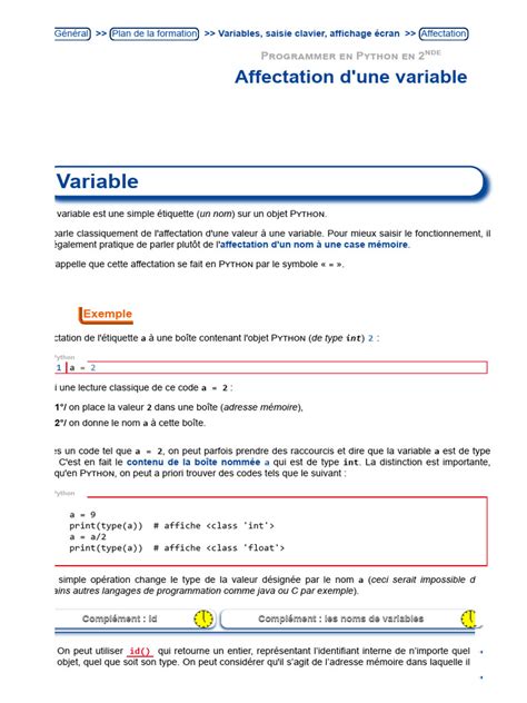 Programmation Python En 2nde Variables Pdf Variable Informatique