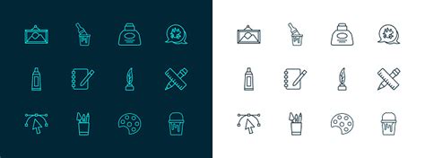 세트 라인 페인트 스프레이 필통 문구 깃털 및 잉크 병 팔레트 노트북 잉크 병 그림 풍경 및 브러시 아이콘이있는 양동이 벡터 메모장에 대한 스톡 벡터 아트 및 기타 이미지