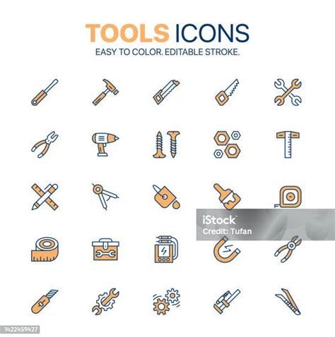 다채로운 도구 아이콘 세트 25 수리 관련 라인 아이콘 팩 세트 색칠하기 쉽습니다 건설 엔지니어링 및 전동 공구 기호 세트 공구벨트에 대한 스톡 벡터 아트 및 기타 이미지