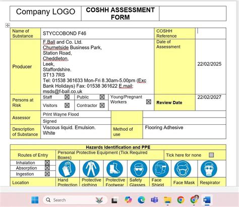 Coshh Assessment Template Downloadable And Compliant With Uk