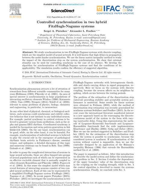 Pdf Controlled Synchronization In Two Hybrid Fitzhugh Nagumo Systems