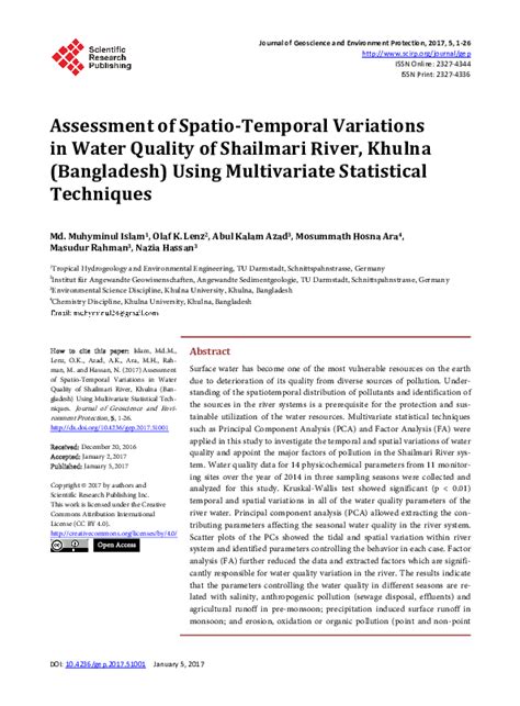 Pdf Assessment Of Spatio Temporal Variations In Water Quality Of Shailmari River Khulna