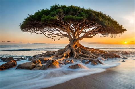 Premium AI Image A Tree On A Beach With The Ocean In The Background