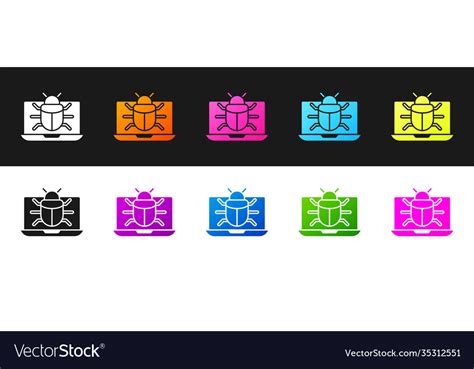 Set System Bug On Monitor Icon Isolated On Black Vector Image