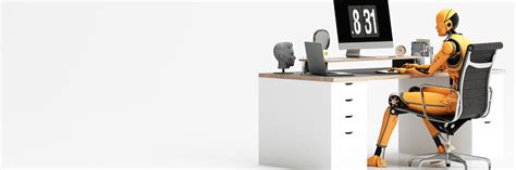 업무용 책상에 앉아 있는 3d 노란색 휴머노이드 로봇 사람이 없는 미래 개념 스마트 로봇 공학으로 인간을 기술 인공 지능으로 대체합니다 흰색 배경에 3d 렌더링에서 로봇에