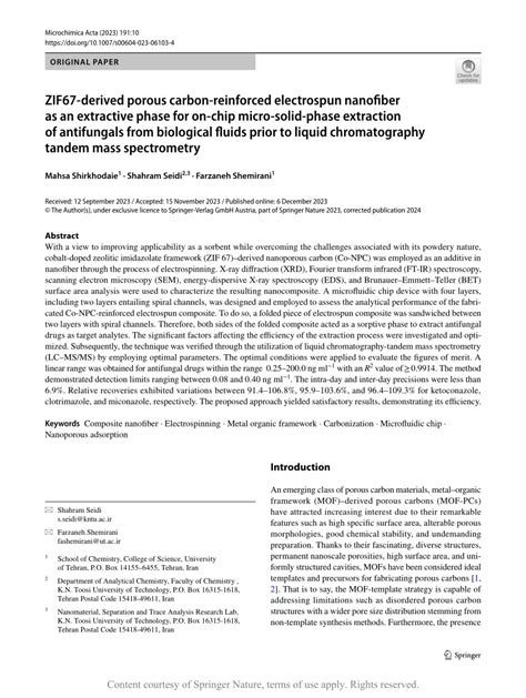 Zif67 Derived Porous Carbon Reinforced Electrospun Nanofiber As An Extractive Phase For On Chip