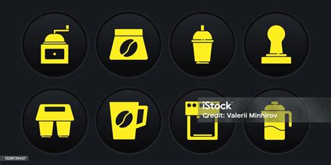 커피 컵 변조 기계 가방 커피 콩 프렌치 프레스 및 수동 분쇄기 아이콘을 설정합니다 벡터 가방에 대한 스톡 벡터 아트 및 기타 이미지 Istock