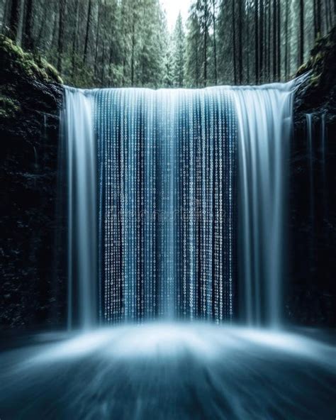 Digital Waterfall Flowing With Binary Code In Futuristic Landscape Stock Illustration