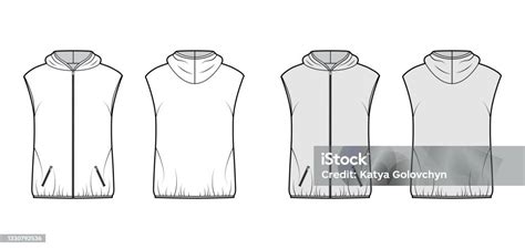 후드 다운 조끼 퍼퍼 웨이스트 코트 기술 패션 일러스트와 지퍼 업 클로저 포켓 오버사이즈 엉덩이 길이 민소매에 대한 스톡 벡터 아트 및 기타 이미지 Istock