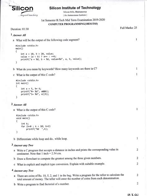 Computer Programming 18es1t03 Mid Term Exam 2019 2020 Pdf Computer Programming