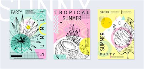 여름 파티 포스터 세트 기하학적 멤피스 스타일 유형 따옴표와 멋진 트렌디 한 전단지 여행 배너 음악 표지 패션 인쇄를위한 열대 요소 리프 벡터 일러스트레이션 민트 핑크 배경