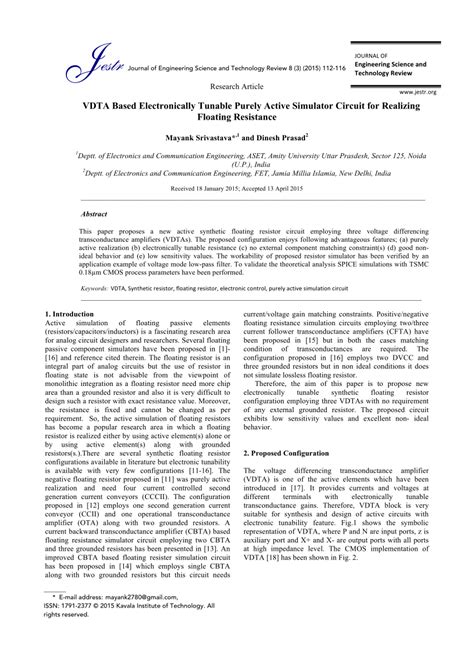 Pdf Vdta Based Electronically Tunable Purely Active Simulator Circuit For Realizing Floating