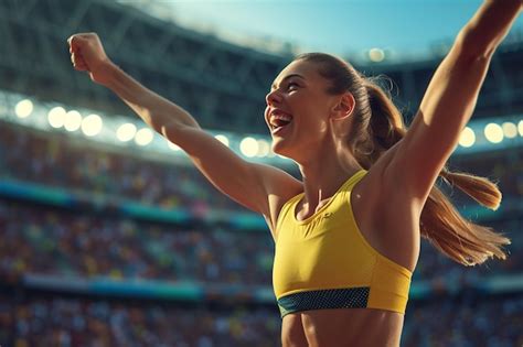 Premium Ai Image Athletic Young Woman Runner Celebrating Her Victory