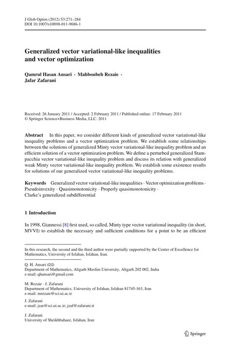 Pdf Generalized Vector Variational Like Inequalities And Vector Optimization