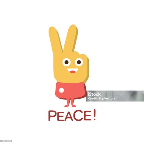 평화 제스처 단어 및 해당 일러스트 만화 캐릭터 Emoji 텍스트를 보여주는 눈 낱말에 대한 스톡 벡터 아트 및 기타 이미지