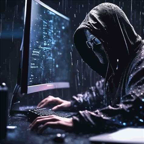 Premium Vector Hacker In Hoodie Using Laptop In Dark Interiorhacker In Hood Using Laptop With