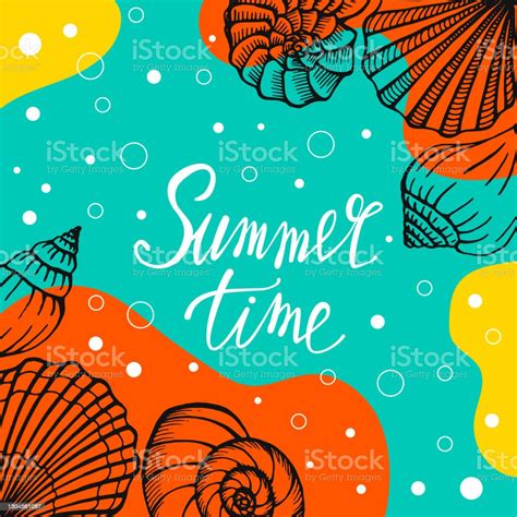 밝은 여름 카드 조개와 손으로 쓴 텍스트와 아름다운 여름 포스터 여름 휴가 카드 벡터 일러스트레이션 귀여운에 대한 스톡 벡터 아트 및 기타 이미지 Istock