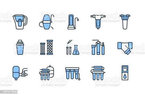 물 필터 플랫 라인 아이콘 파란색 싱크대 투수 용기 역 삼투압 미세 필터 아래에 포함 된 다양한 유형의 물 여과 장비의 벡터 일러스트레이션 편집 가능한 스트로크 물에 대한