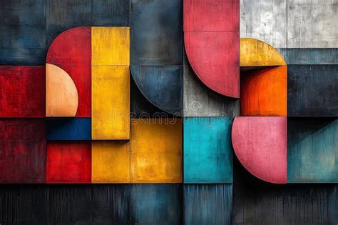 Abstract Geometric Mural Featuring Vibrant Colors And Angular Shapes On A Concrete Wall Stock